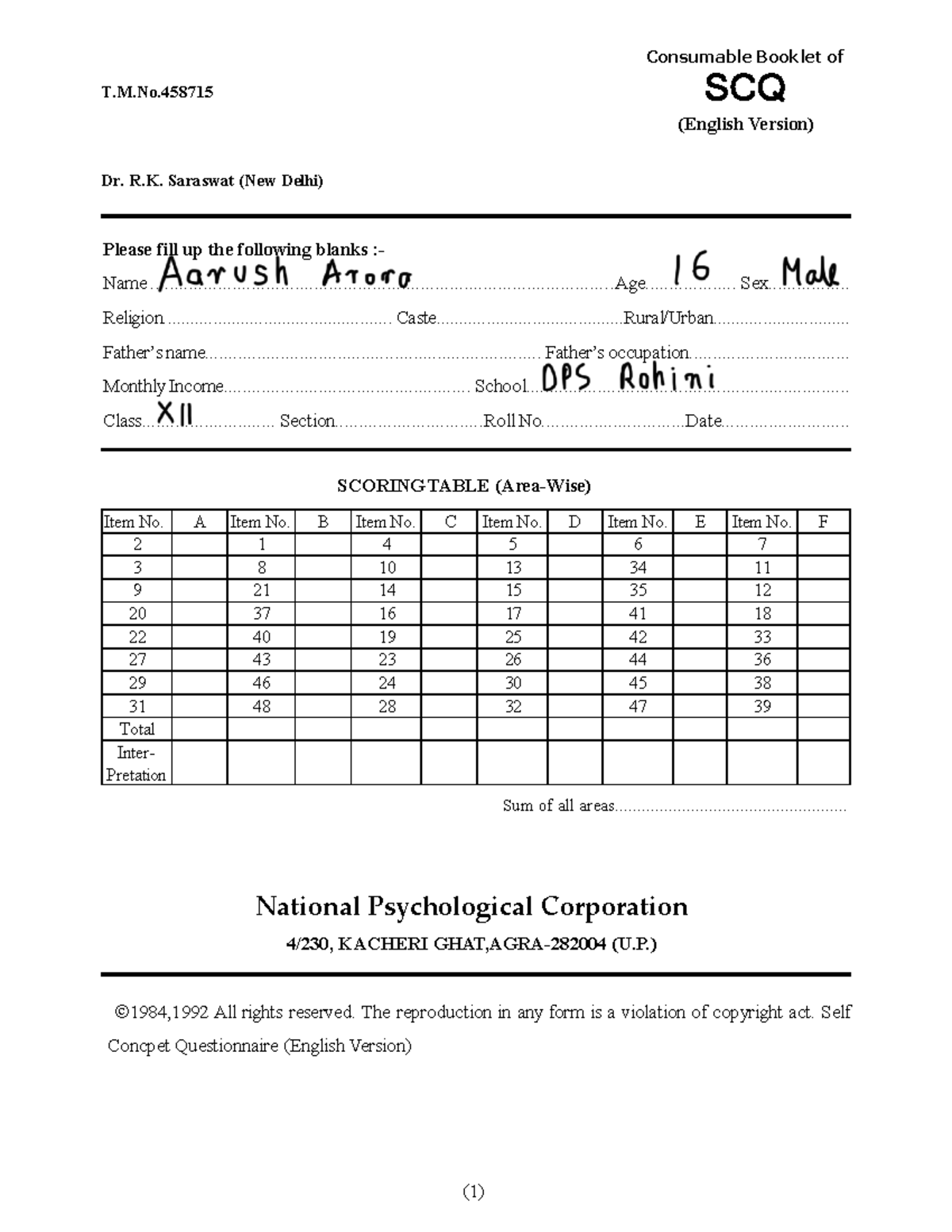 Self Concept Questionnaire (SCQ) - T.M.No.458715 (English Version ...