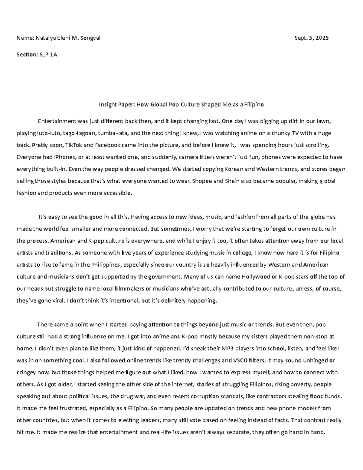 SLP 1A Insight Paper: The Impact of Global Pop Culture on Filipino ...