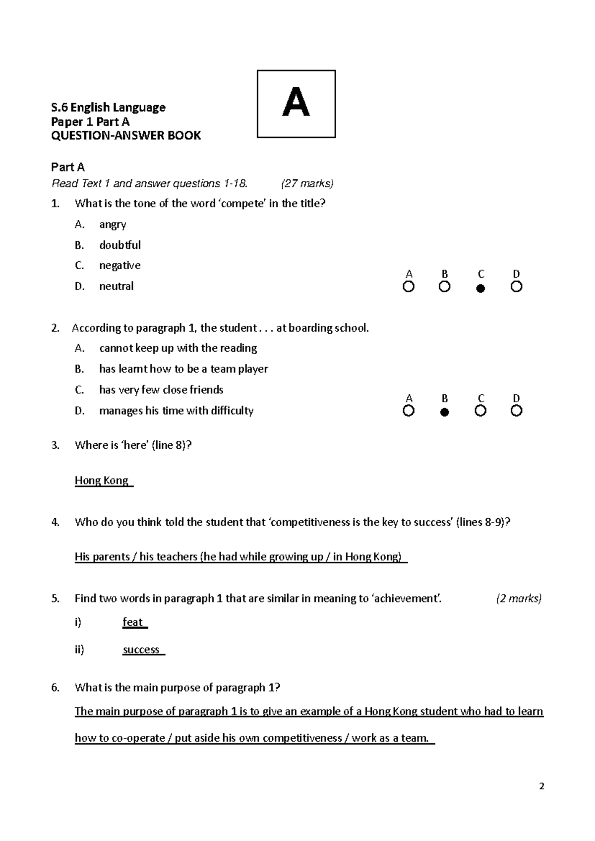 S.6 T1 English Language Reading Paper Revision - Suggested Answers ...
