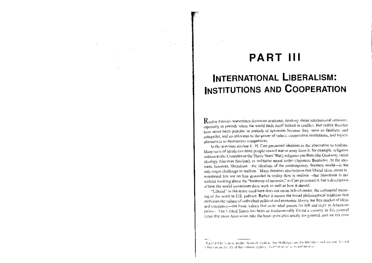 PART INTERNATIONAL LIBERALISM: INSTITUTIONS AND COOPERATION Analysis ...