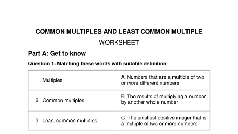 COMMON MULTIPLES & LCM WORKSHEET - Practice & Challenges - Studocu