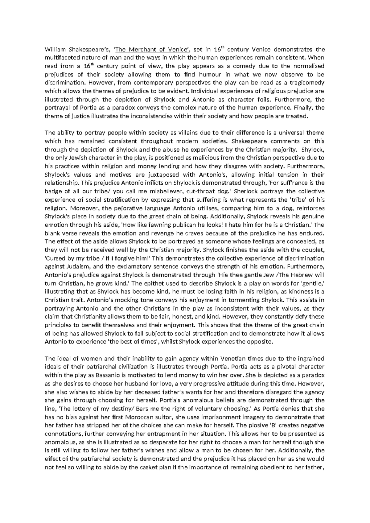 ENG101 Merchant of Venice Essay: Themes of Prejudice and Identity - Studocu