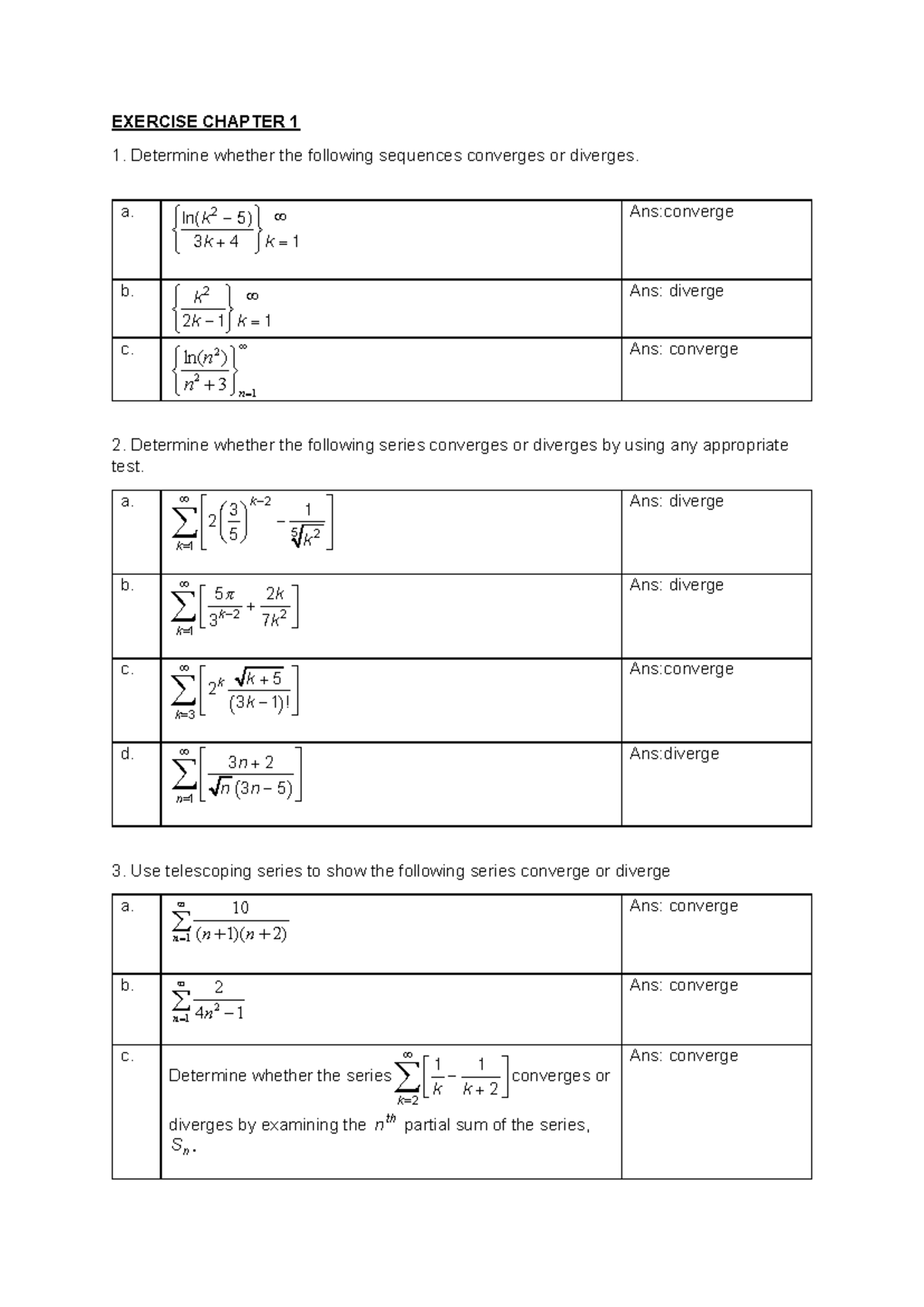 Exercise Chapter 1 - Convergence and Divergence of Sequences & Series ...