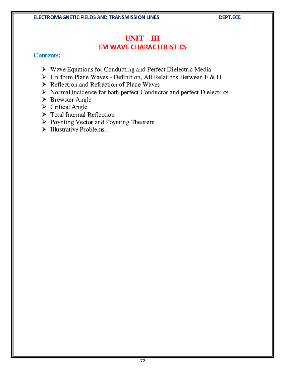EMTL-UNIT IV: EM Wave Characteristics and Transmission Lines Notes ...