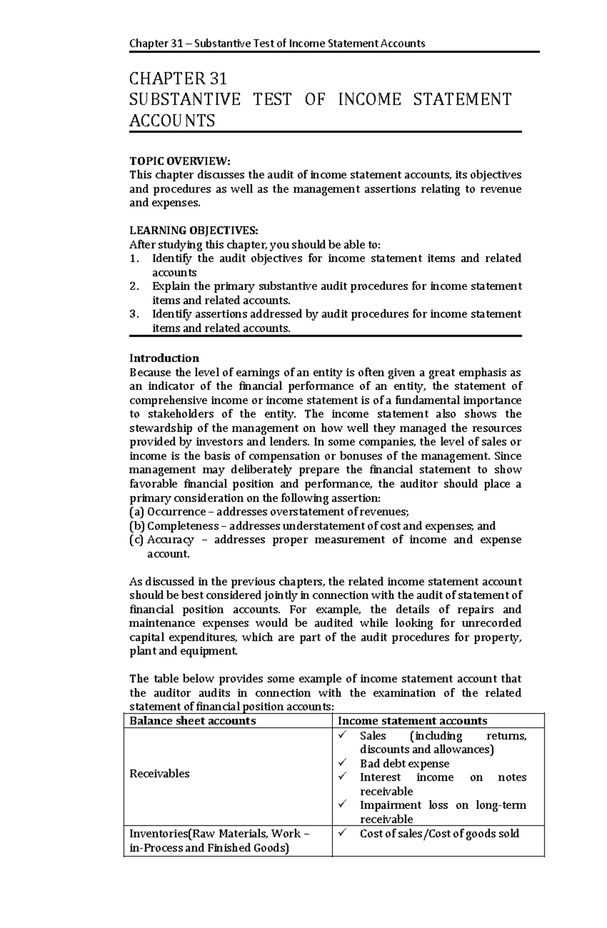 Chapter 31: Substantive Testing of Income Statement Accounts (Compress ...