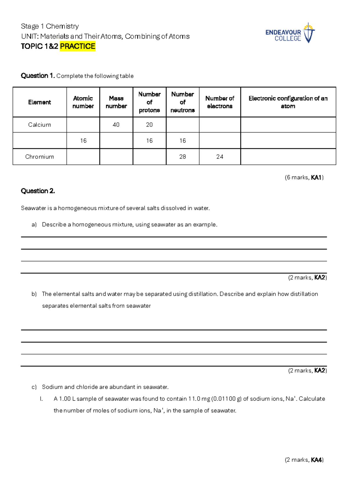 Stage 1 Chemistry Practice Test: Materials and Their Atoms - Studocu
