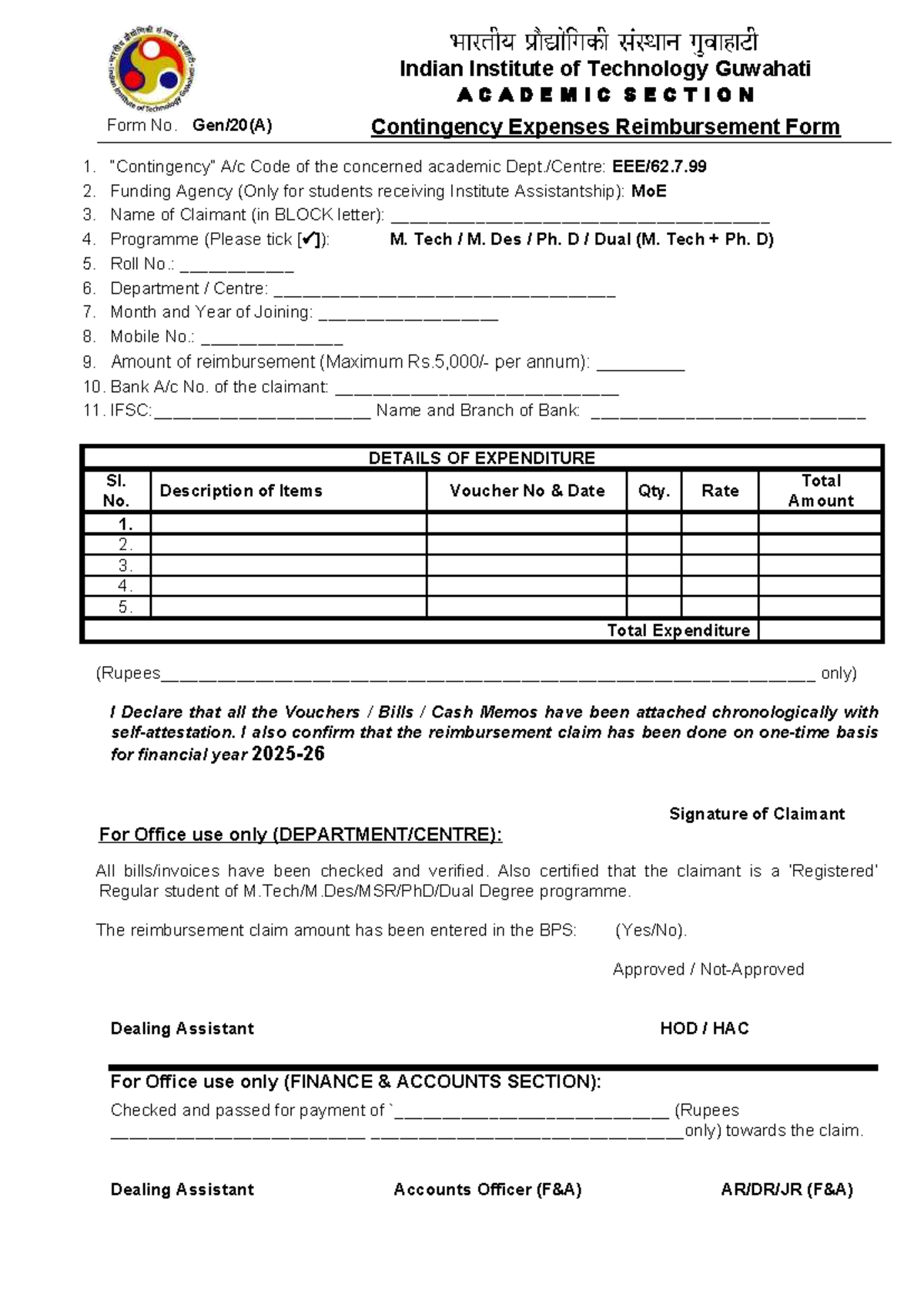 IIT Guwahati Contingency Expenses Reimbursement Form Gen 20(A) - Studocu