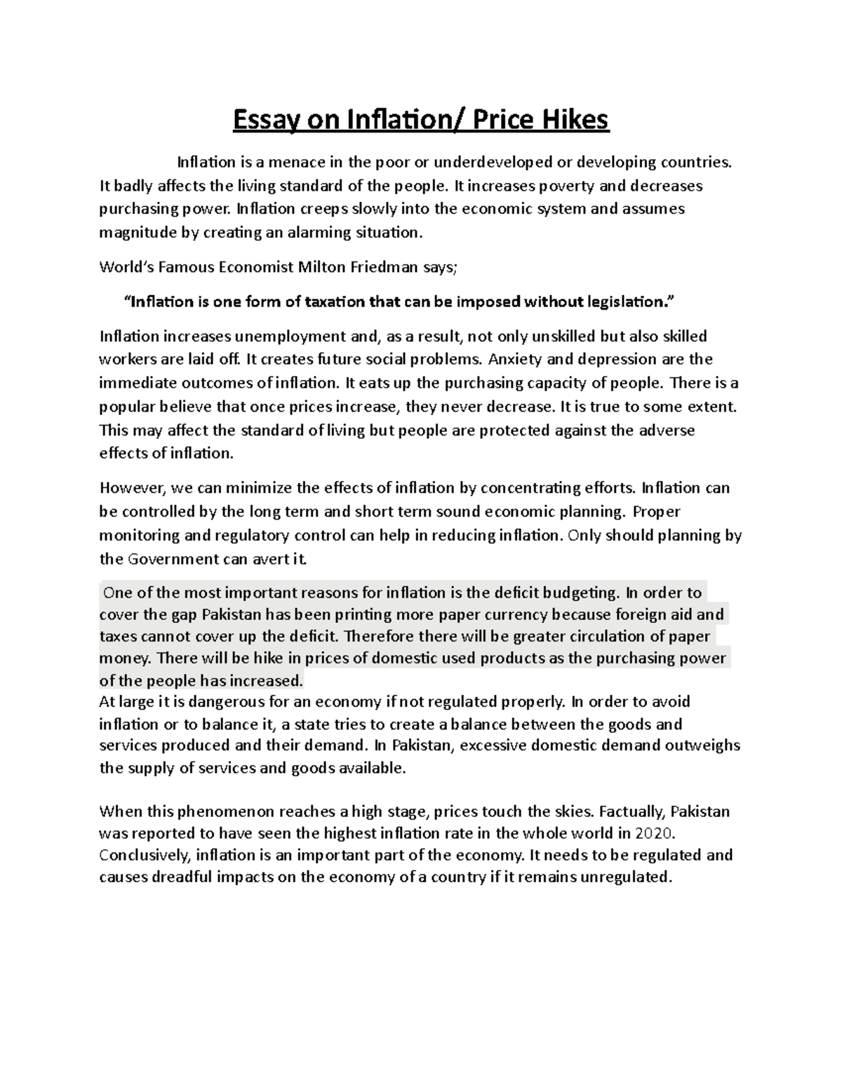 Essay on Inflation - Important Assignment - Essay on Inflation/ Price ...
