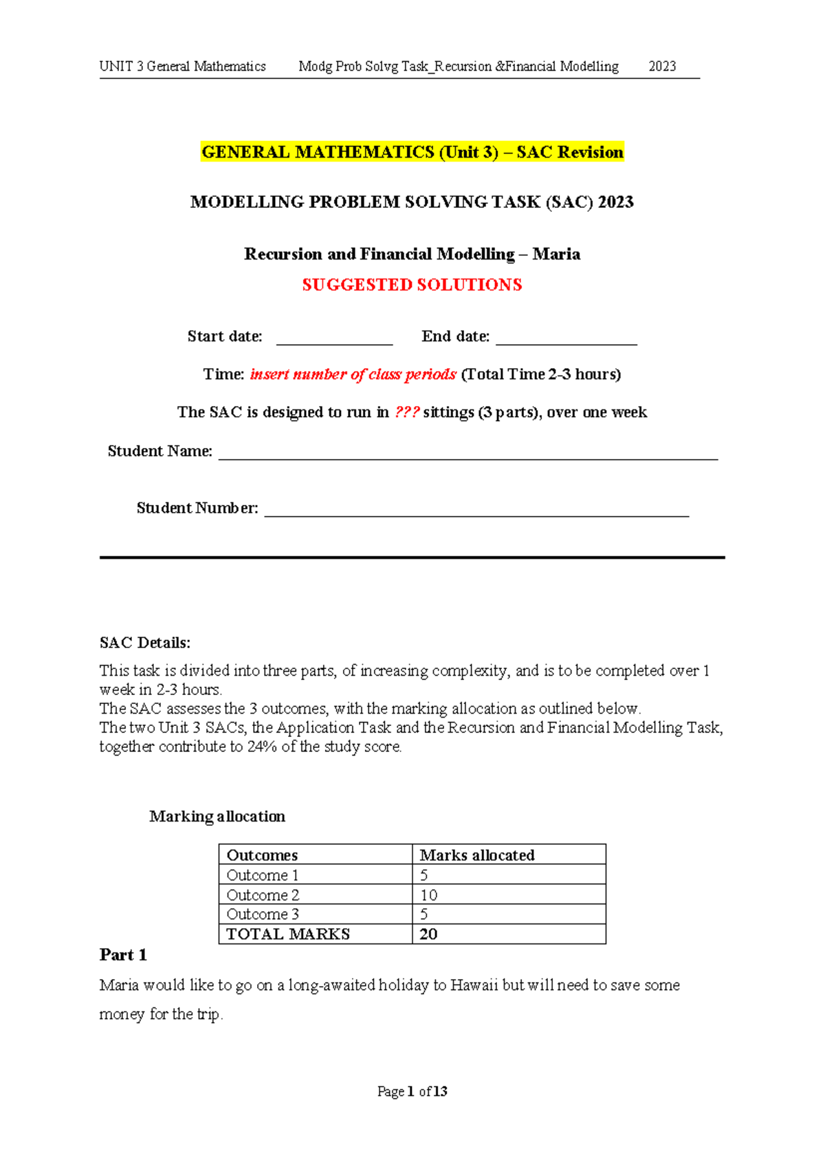 Recursion and Financial Modelling SAC Solutions 2023 - General Maths ...