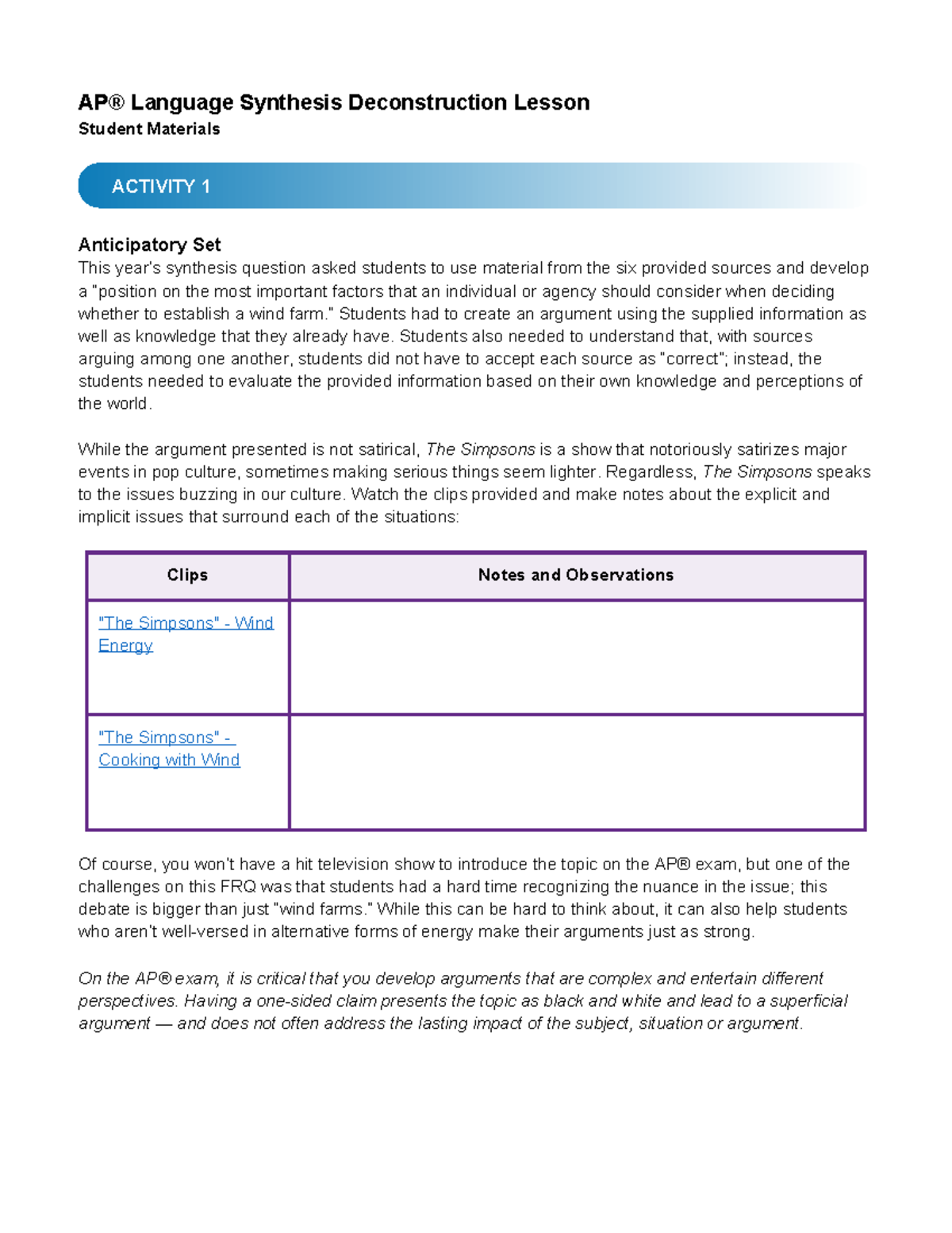 Synthesis Packet Part 1: Analyzing Wind Energy Arguments for AP English ...
