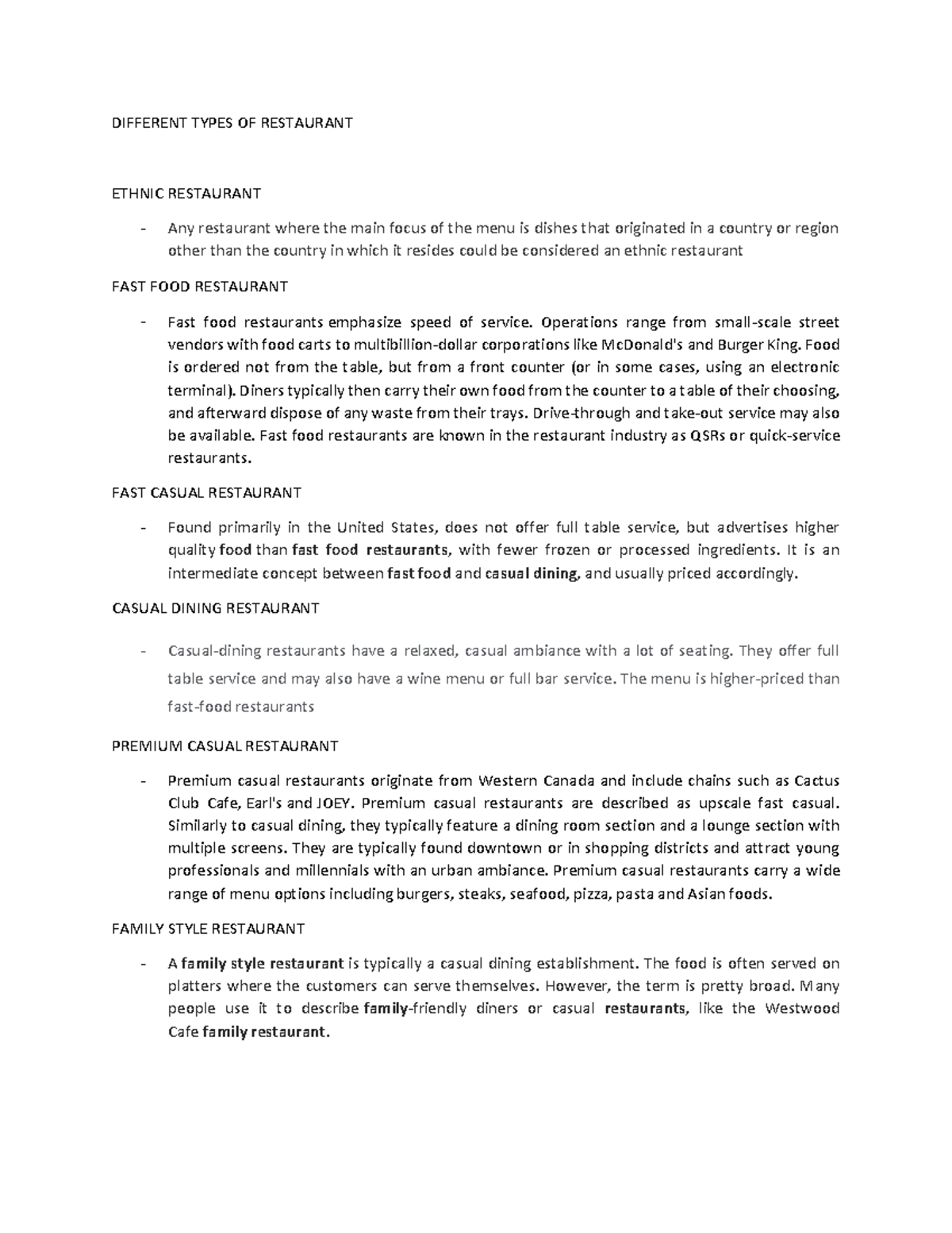 Types of Restaurants: A Brief Overview of Various Dining Options - Studocu