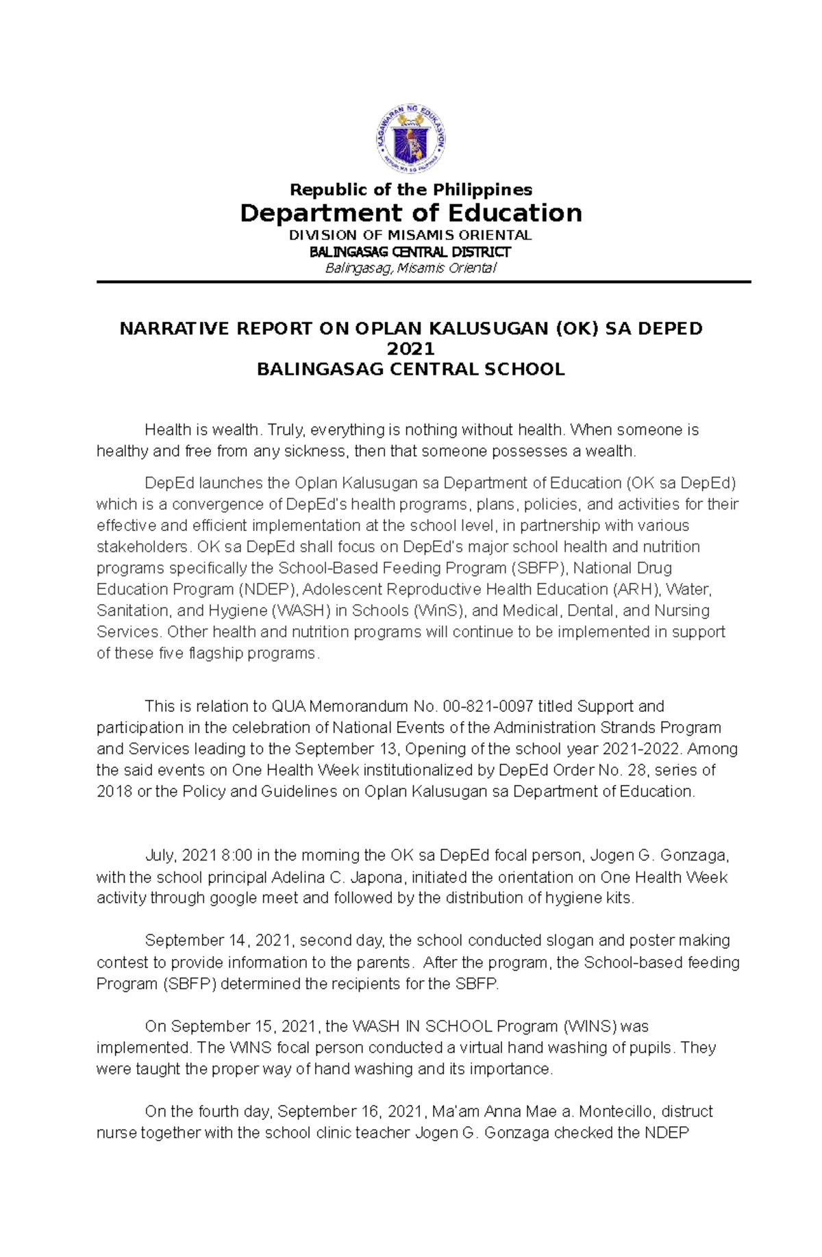 OK SA Deped Accomplishment Report 2021-2022 - Republic of the ...