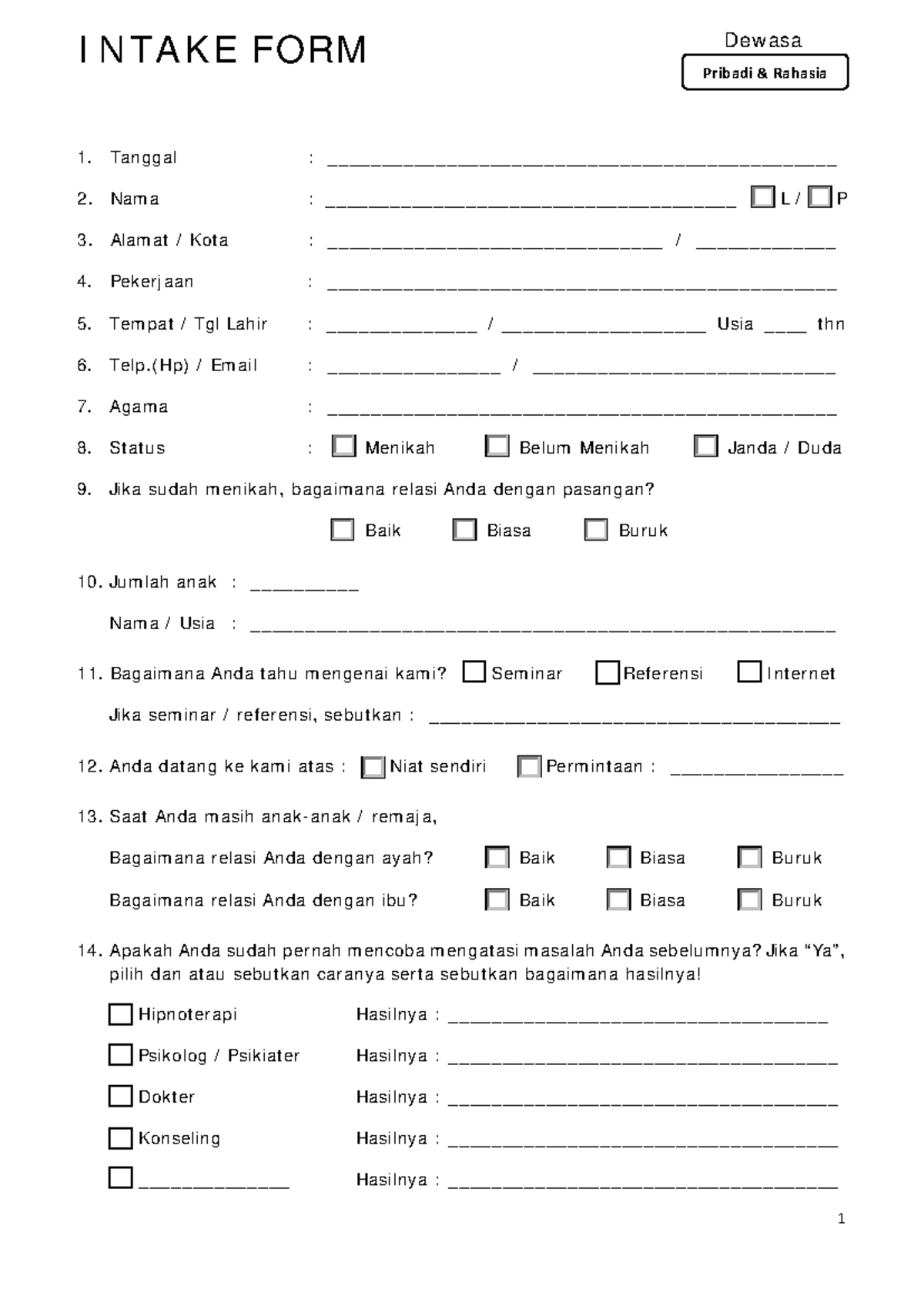 Intake Form Pribadi & Rahasia untuk Konseling Hipnoterapi - Studocu