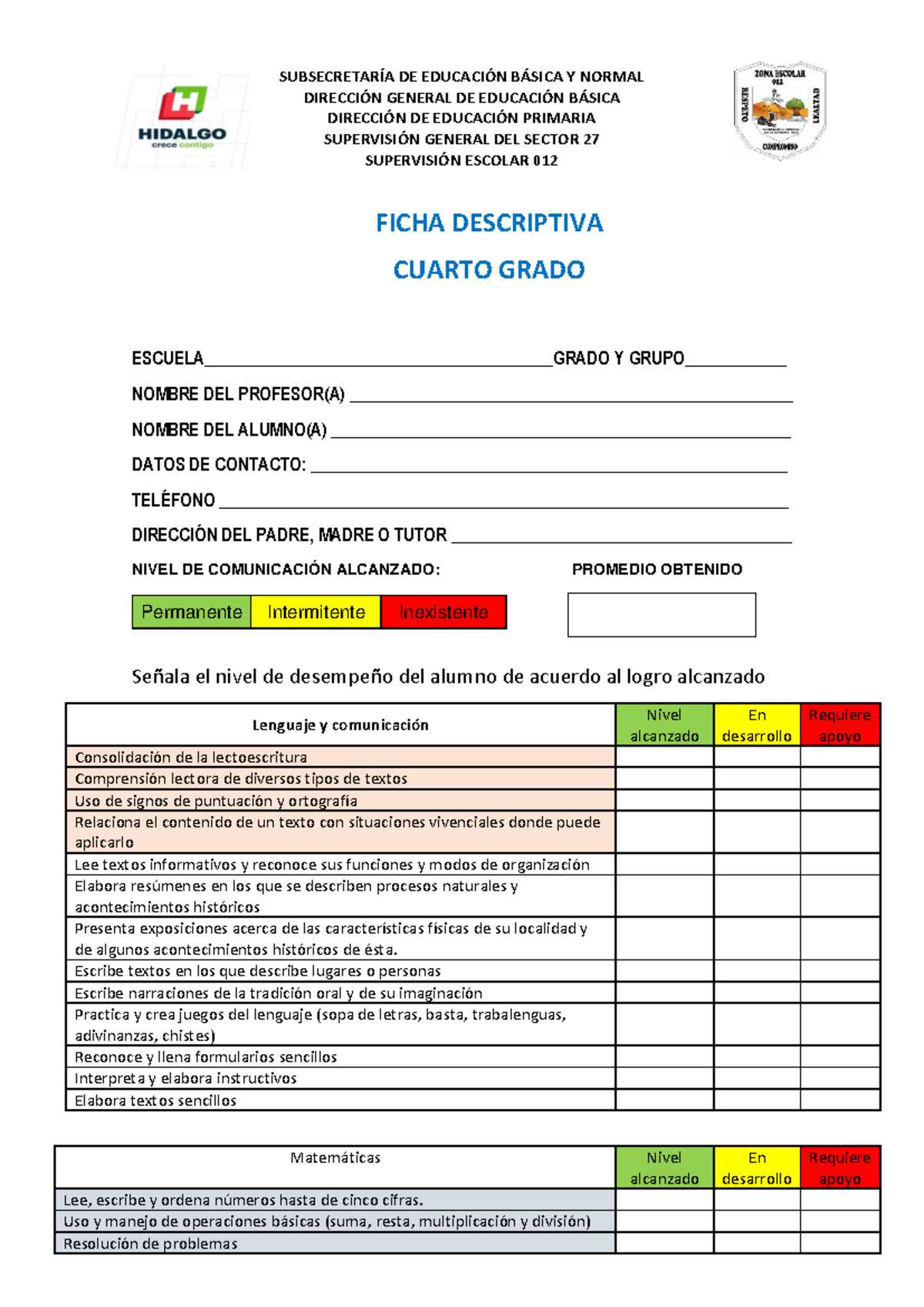 Ficha Descriptiva 4to Grado - Evaluación del Desempeño Estudiantil ...