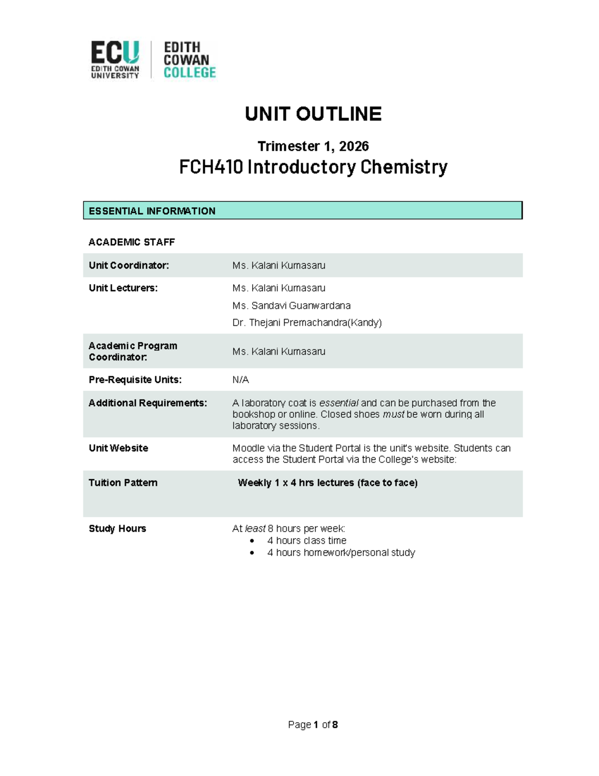 FCH410 Unit Outline: Introductory Chemistry Trimester 1, 2026 - Studocu