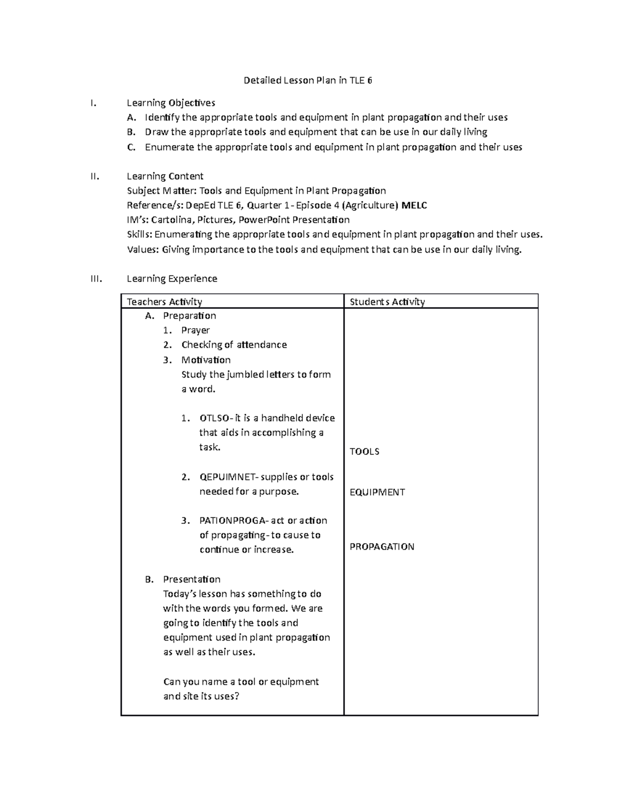 TLE 6 Detailed Lesson Plan: Tools for Plant Propagation - Studocu