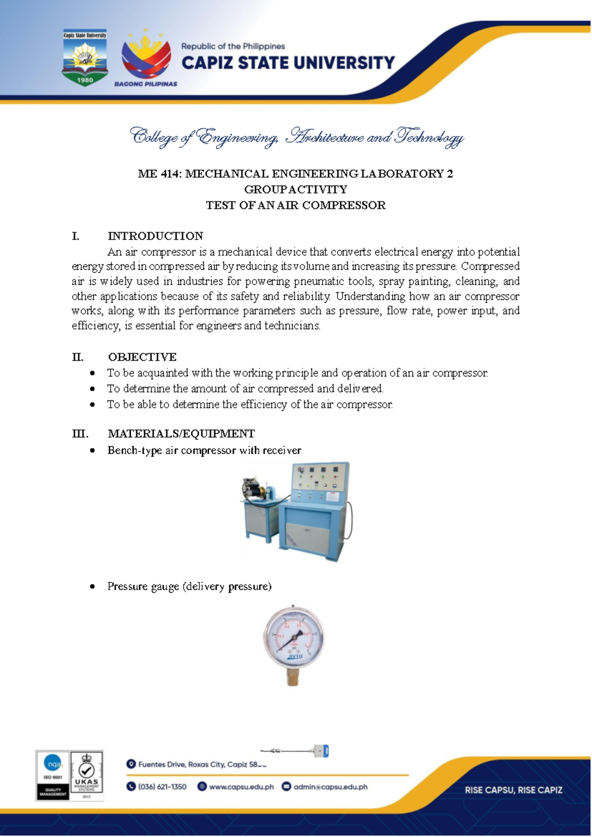 ME 414: Mechanical Engineering Lab 2 - Air Compressor Group Activity ...