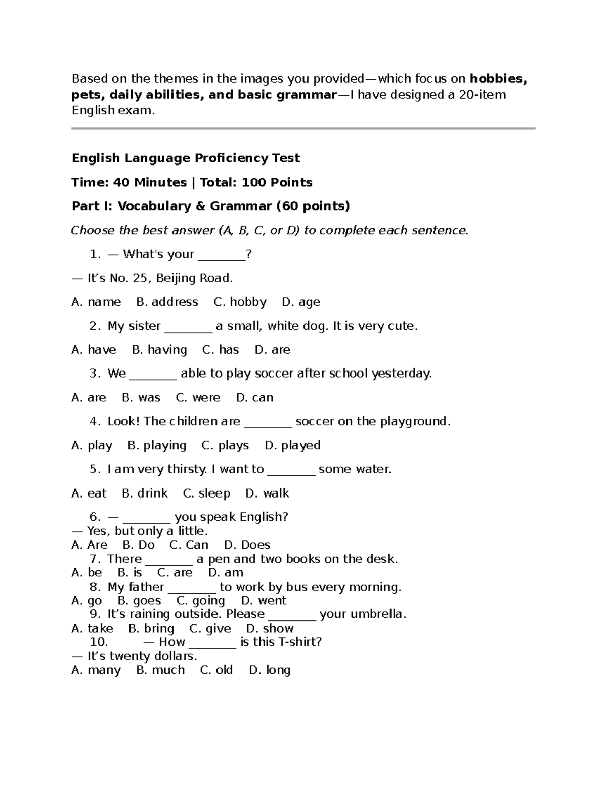 Unit 3 English Language Proficiency Exam: Hobbies & Daily Activities ...