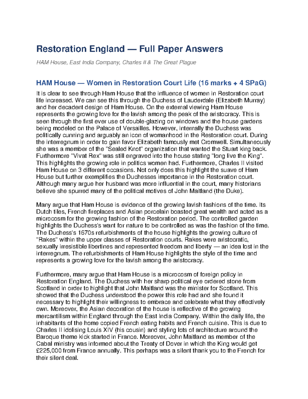 Restoration England: Women, Politics, and Ham House Insights (HAM ...
