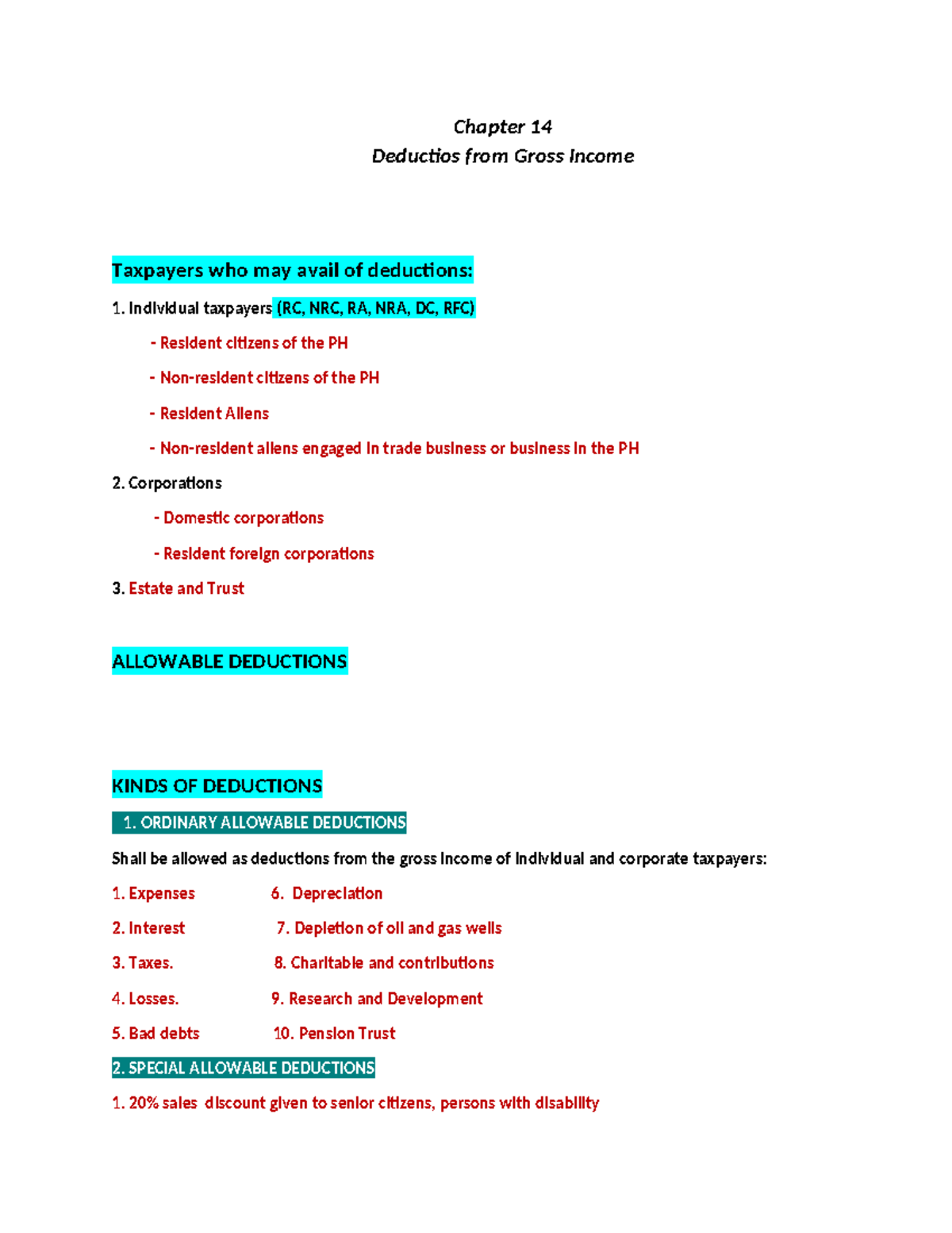 Income Taxation - Chapter 14 Deductions & Principles Overview - Studocu