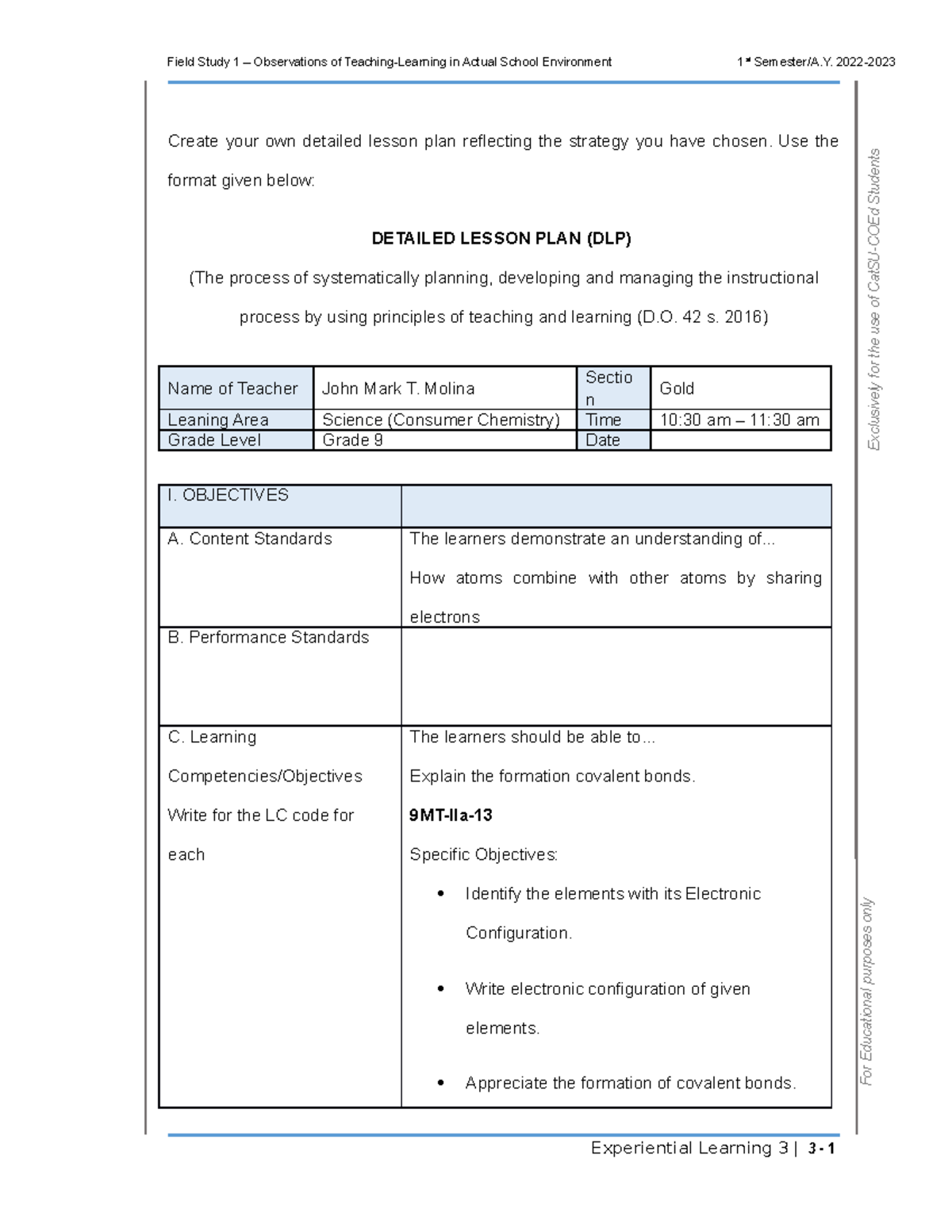 DLP 9 Lesson Plan: Understanding Electron Configuration in Chemistry ...