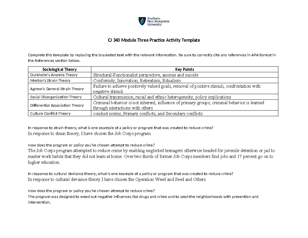 CJ 340 Module 3 Practice Activity on Sociological Theories and Crime ...