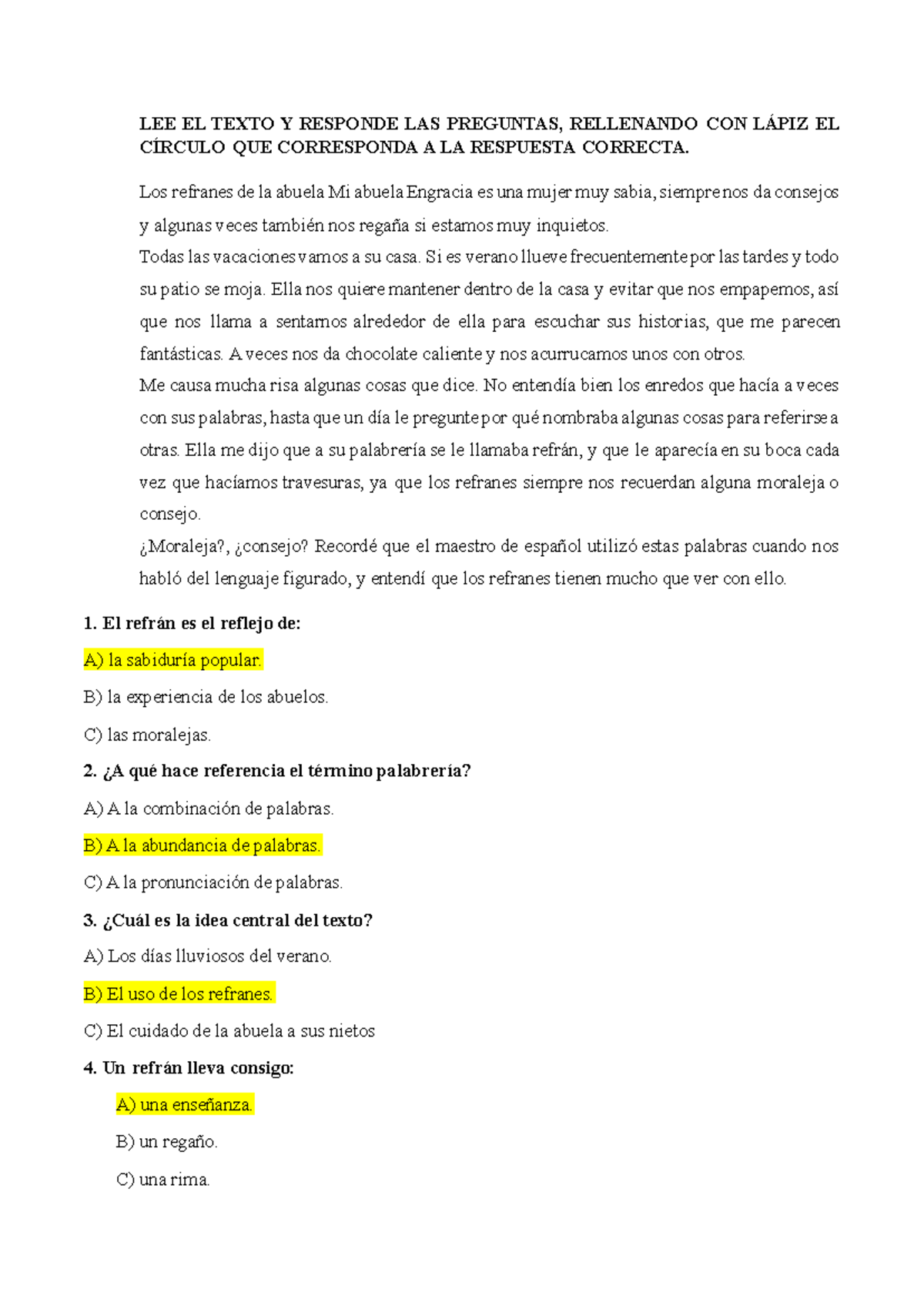 Actividad 2: Comprensión Lectora sobre Refranes y Sabiduría Popular ...