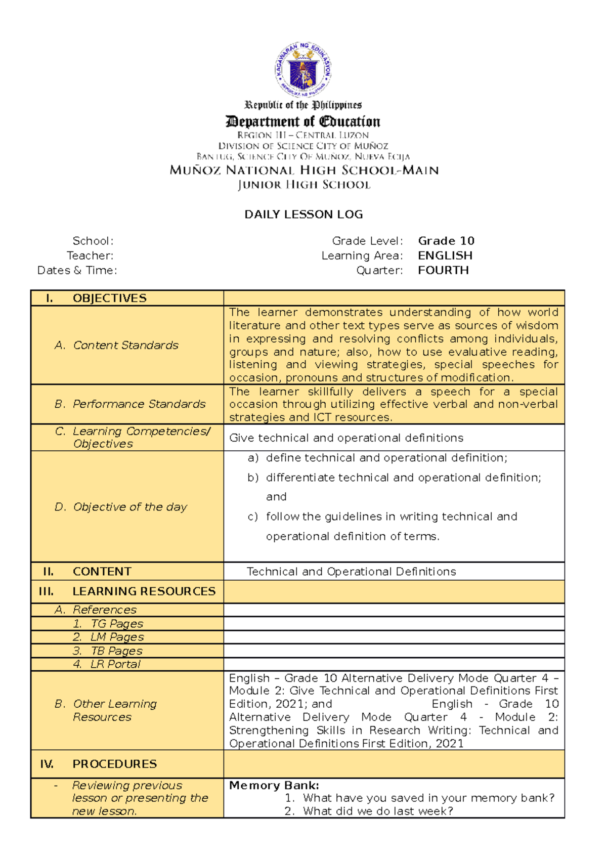 Lesson Plan for Defining Technical and Operational Terms (Grade 10 ...