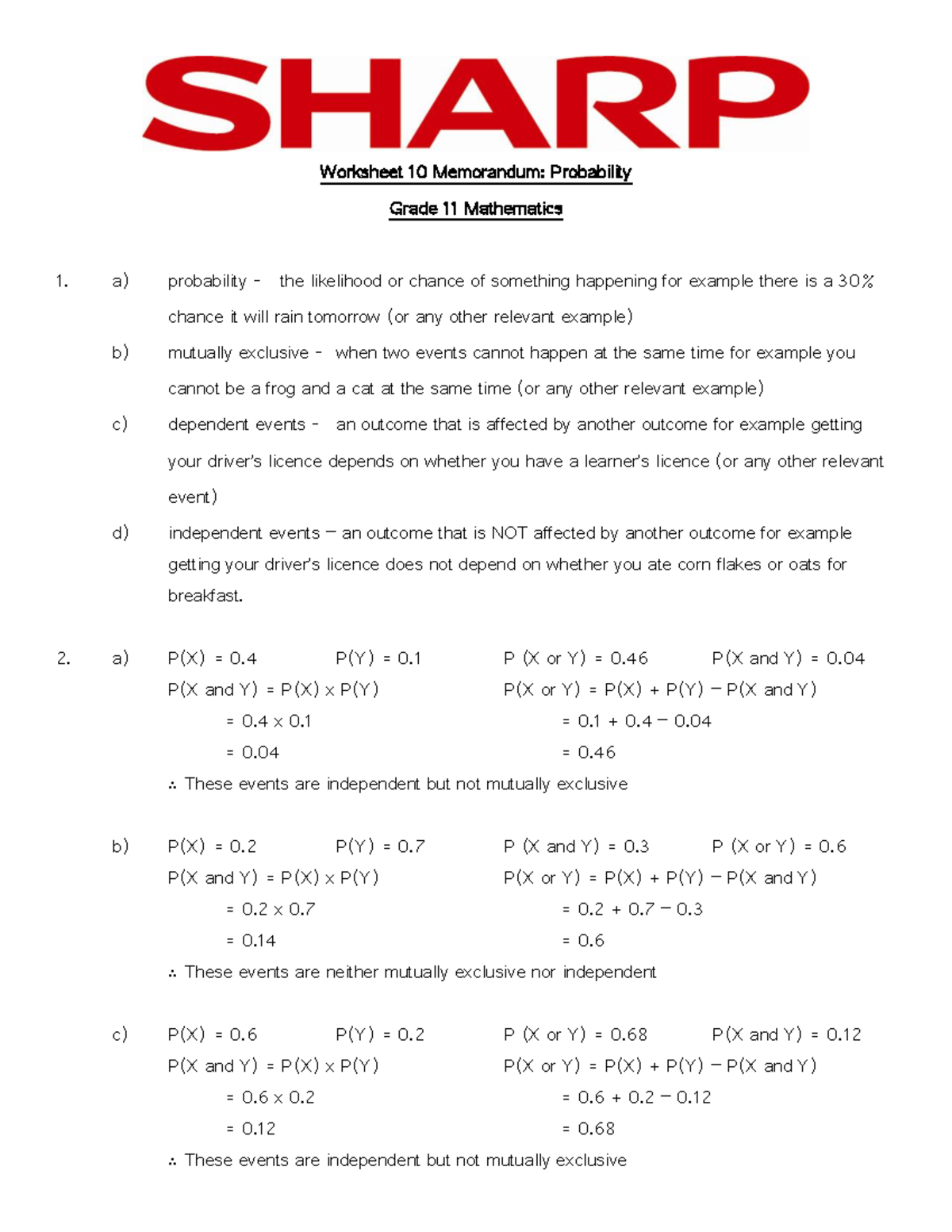 Grade 11 Math Worksheet 10: Probability Memorandum Review - Studocu