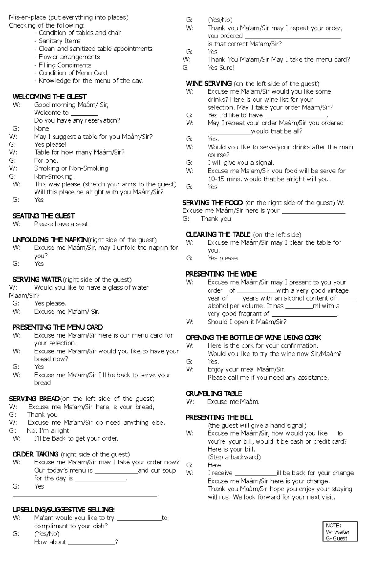 Food & Beverage Service Script: Dining Etiquette Guide - Studocu