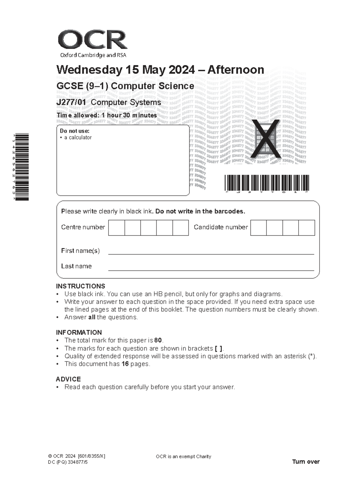 GCSE Computer Science J277 Exam Paper - May 2024 (1.5 Hours) - Studocu