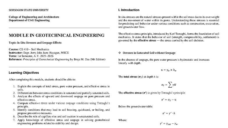 CE 410 Module 5: In Situ Stresses & Seepage Effects - Studocu
