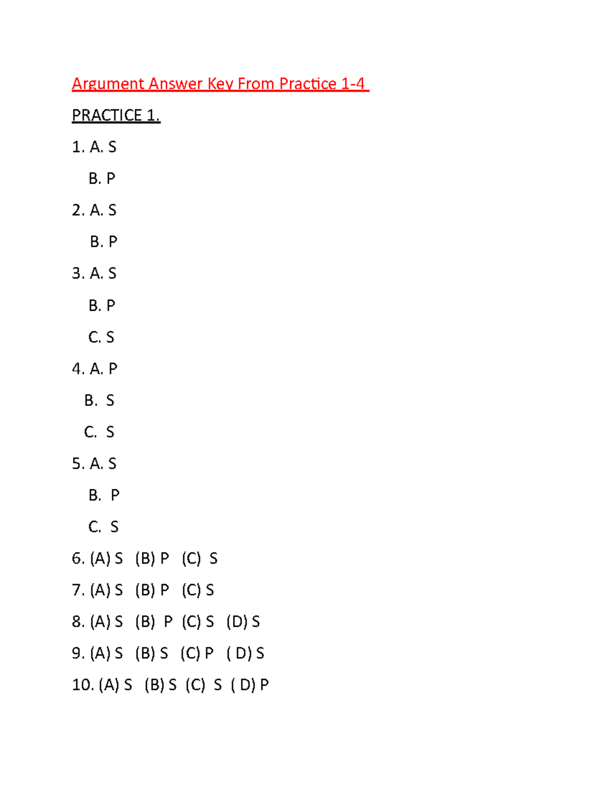 Argument Answer Key For Practices - COMM 19999 - 1. A. S B. P 2. A. S B ...
