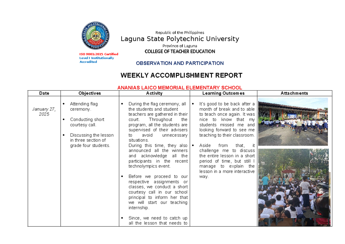 PST 101: Weekly Accomplishment Report - Teaching Internship Activities ...