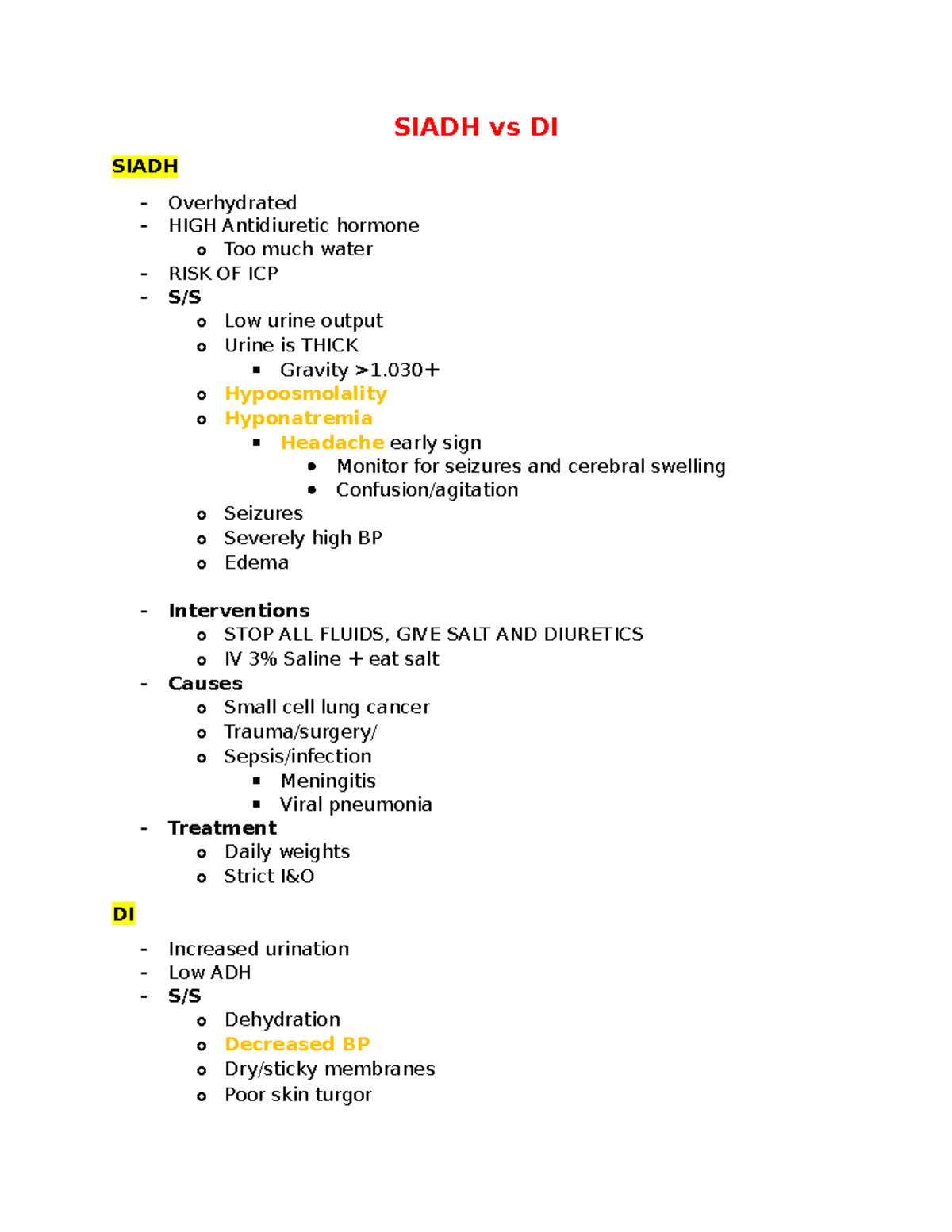 SIADH vs DI: Clinical Notes and Management Strategies - Studocu