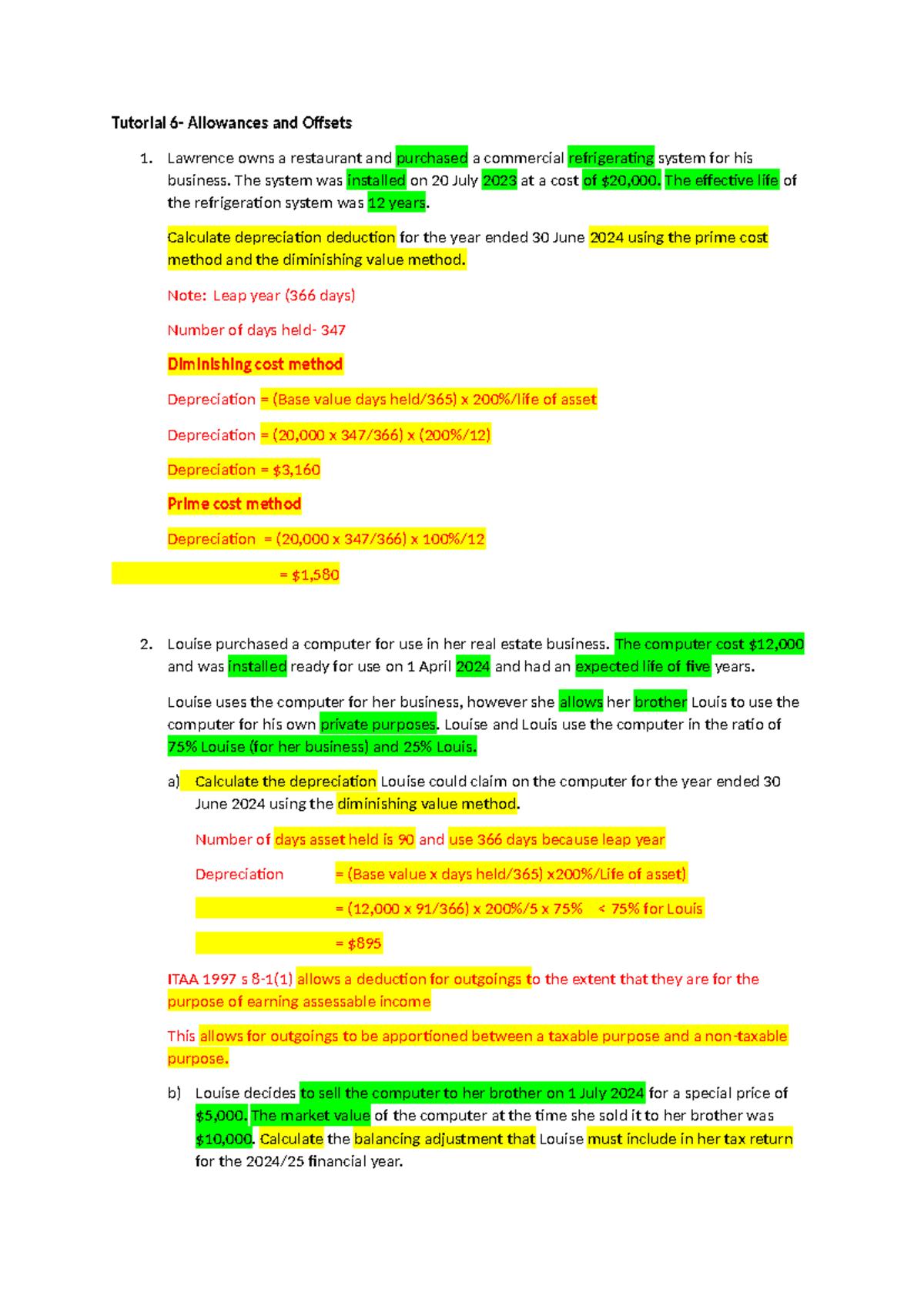 Tutorial on Allowances and Offsets: Depreciation Calculations and Tax ...