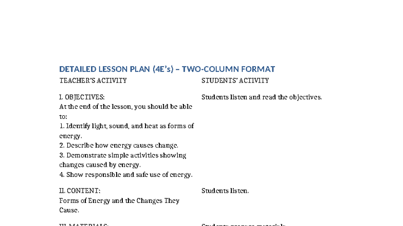 Science 4 4Es Detailed Lesson Plan on Energy Forms and Changes - Studocu
