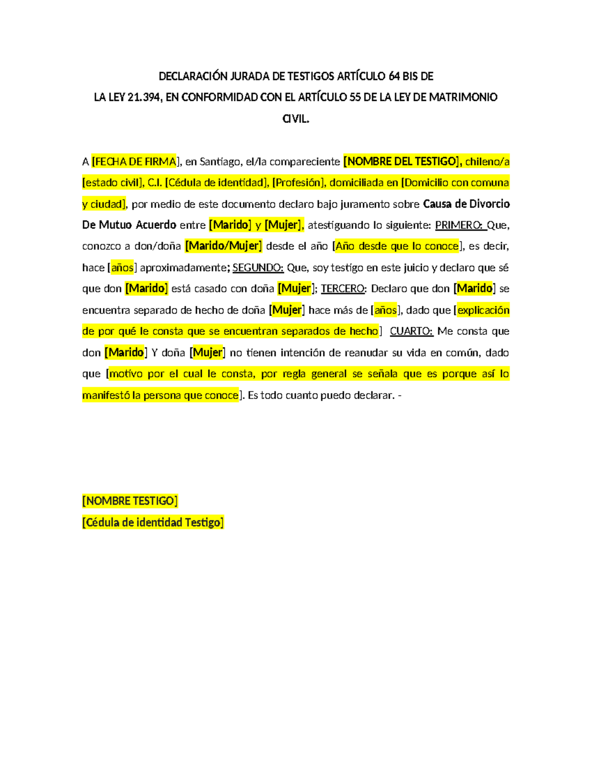 Declaración Jurada de Testigos en Causa de Divorcio Mutuo Acuerdo - Studocu