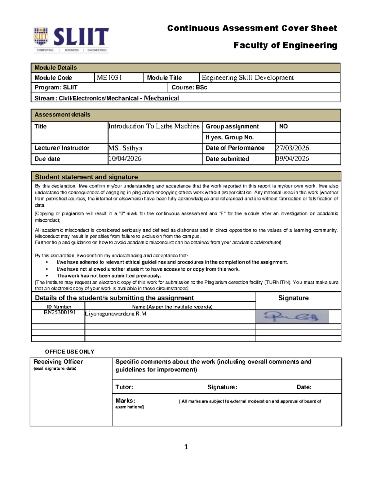 ME1031 Engineering Skill Development: Lathe Machine Lab Report - Studocu