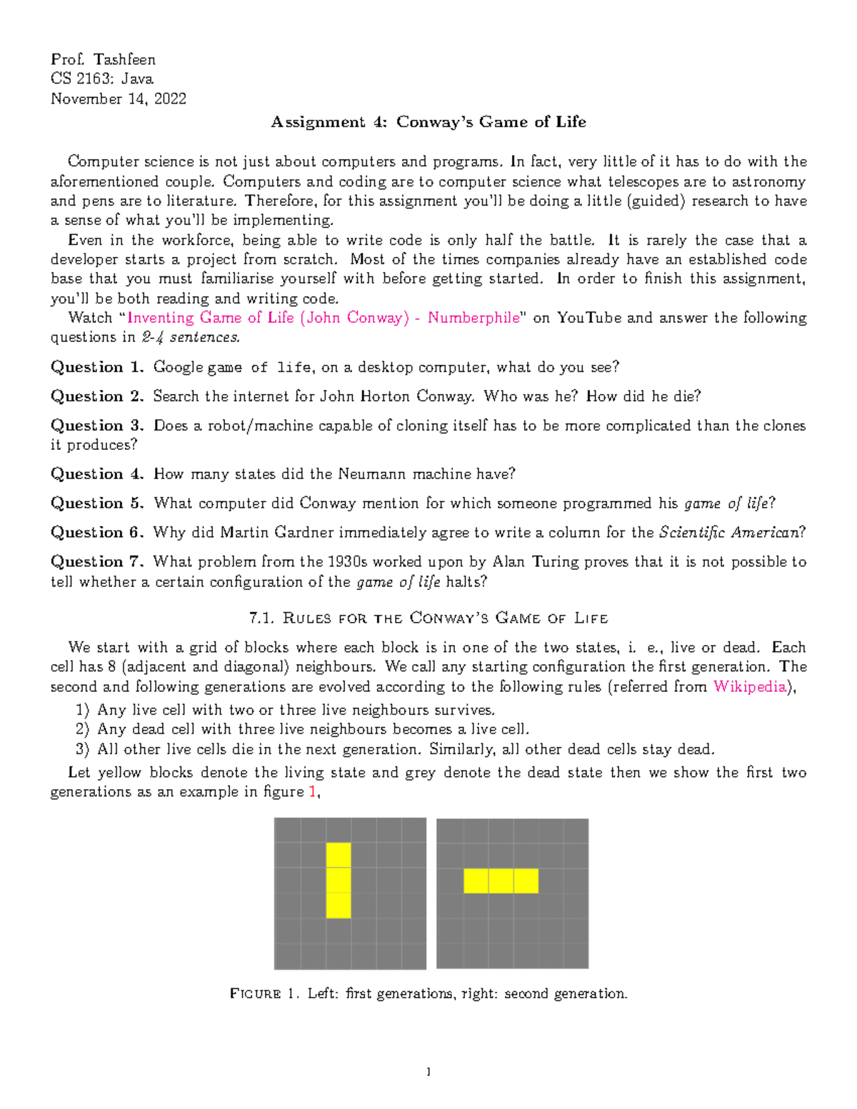 CS 2163: Assignment 4 - Conway's Game of Life Research Guide - Studocu