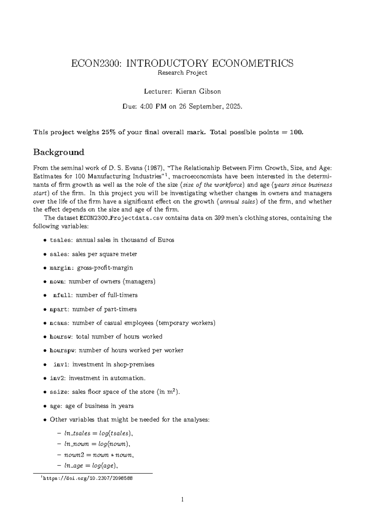 ECON2300: Introductory Econometrics Research Project Guidelines - Studocu