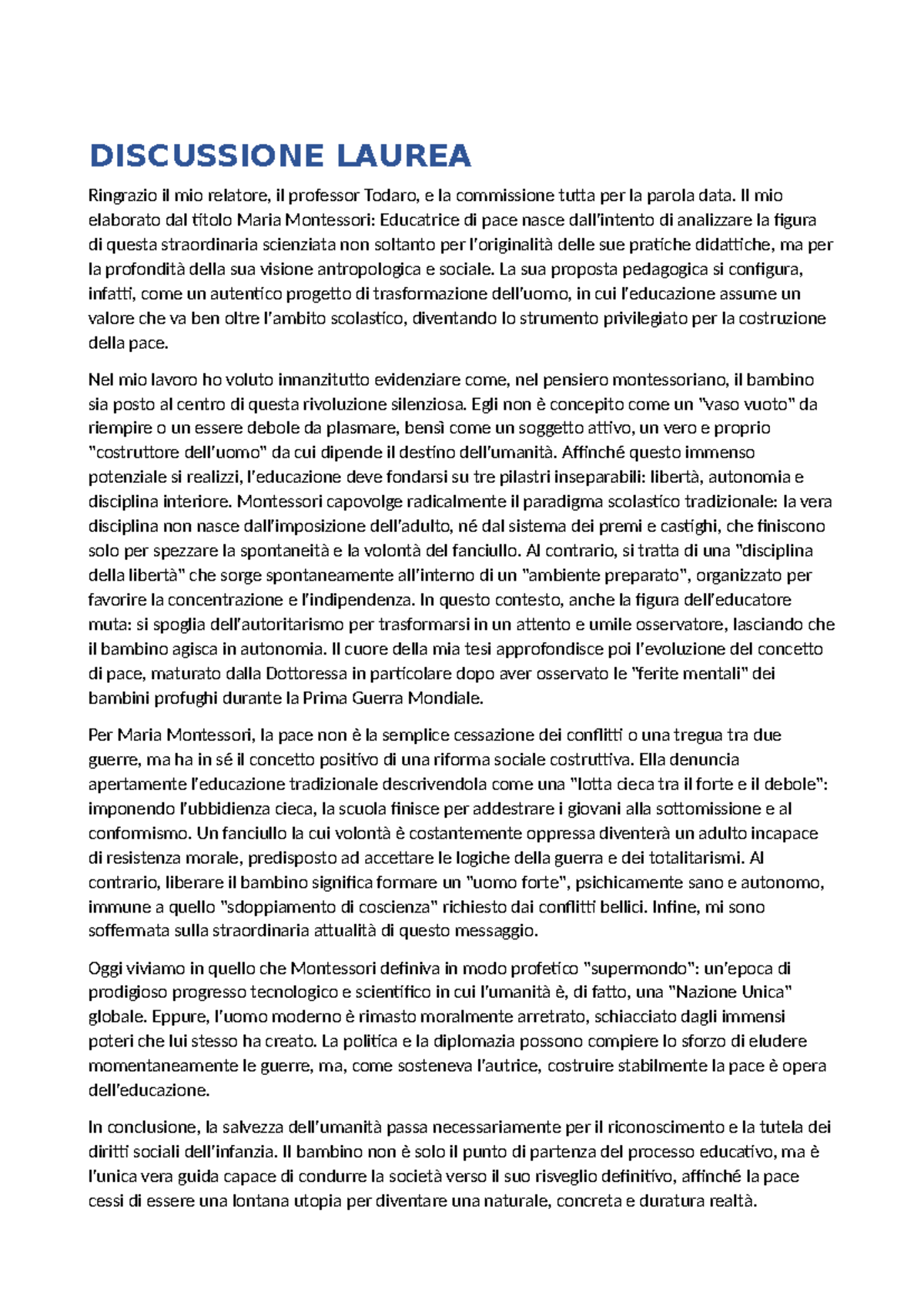 Maria Montessori: Educatrice di Pace - Discussione Laurea - Studocu