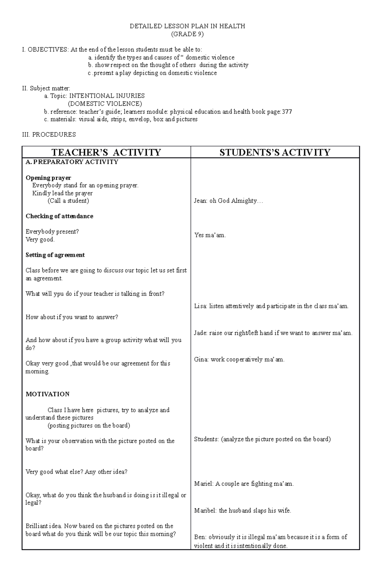 Detailed Lesson PLAN IN Health - DETAILED LESSON PLAN IN HEALTH (GRADE ...