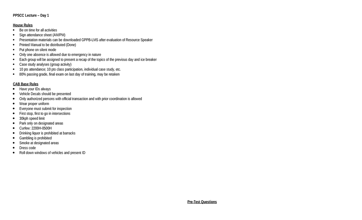 Ppscc Lecture - Day 1 - Level 1 - PPSCC Lecture – Day 1 House Rules Be ...