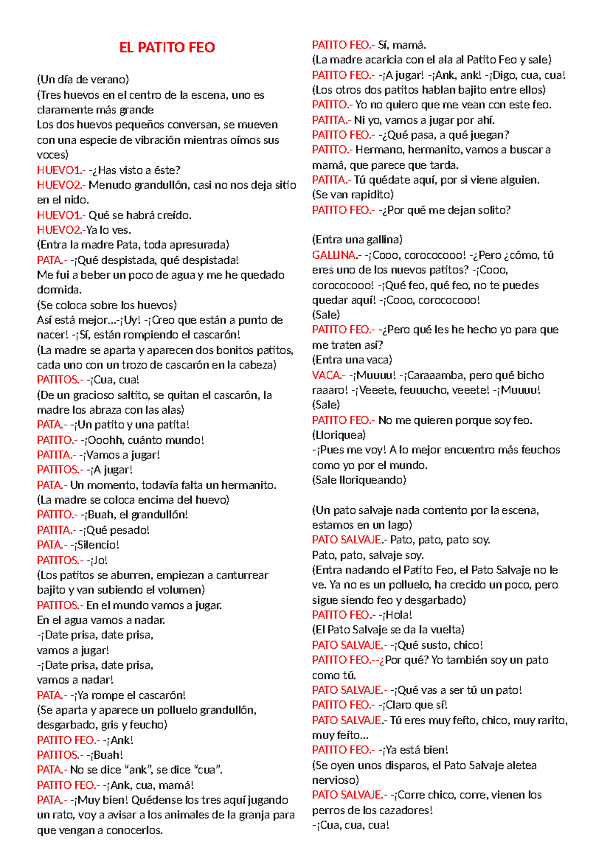 EL PATITO FEO: Teatro para Docentes y Compartir (Teatro) - Studocu