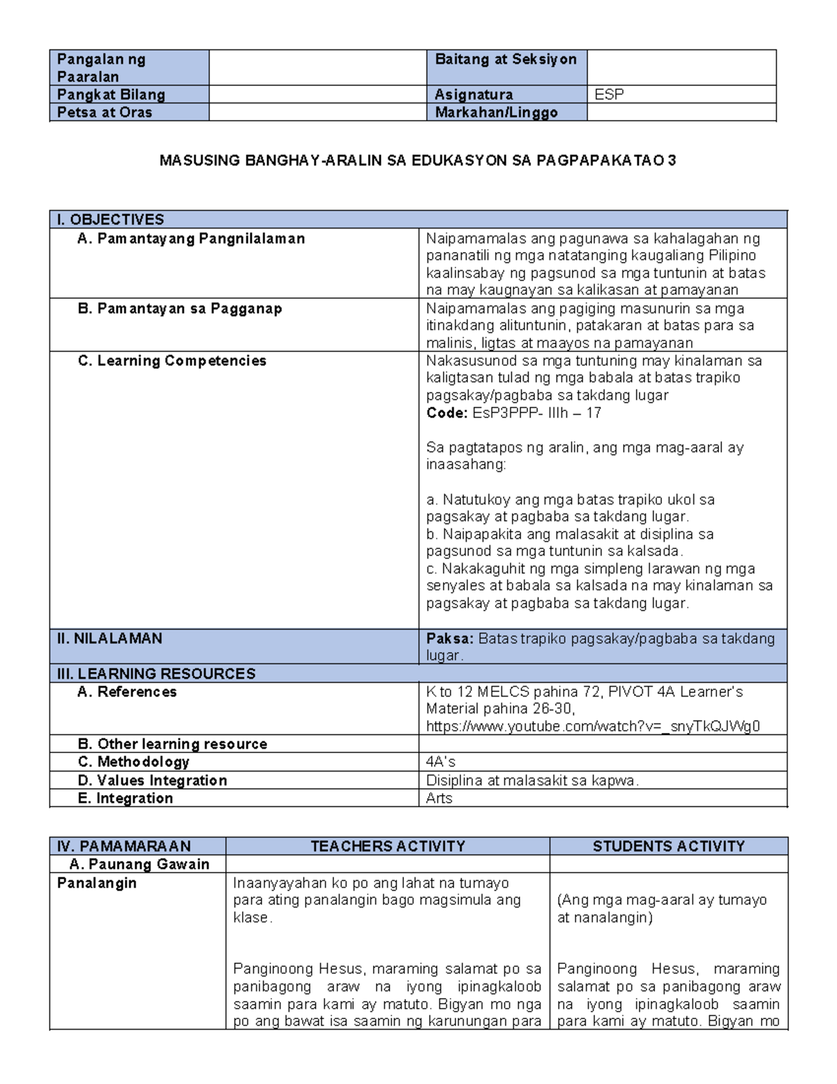 ESP 3 - Masusing Banghay-Aralin sa Batas Trapiko at Kaligtasan - Studocu