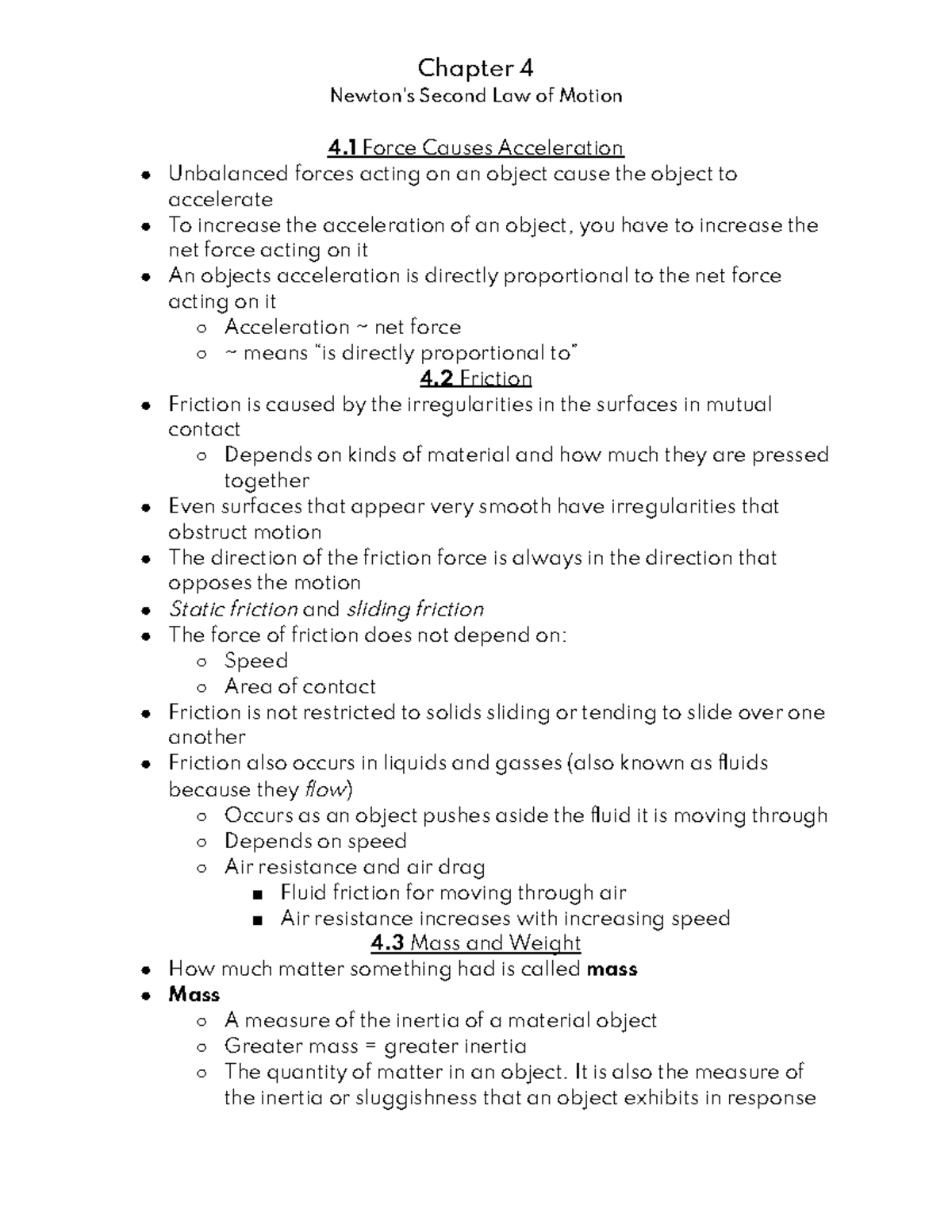 Conceptual Physics CH4 Notes: Newton's 2nd Law & Friction - Studocu