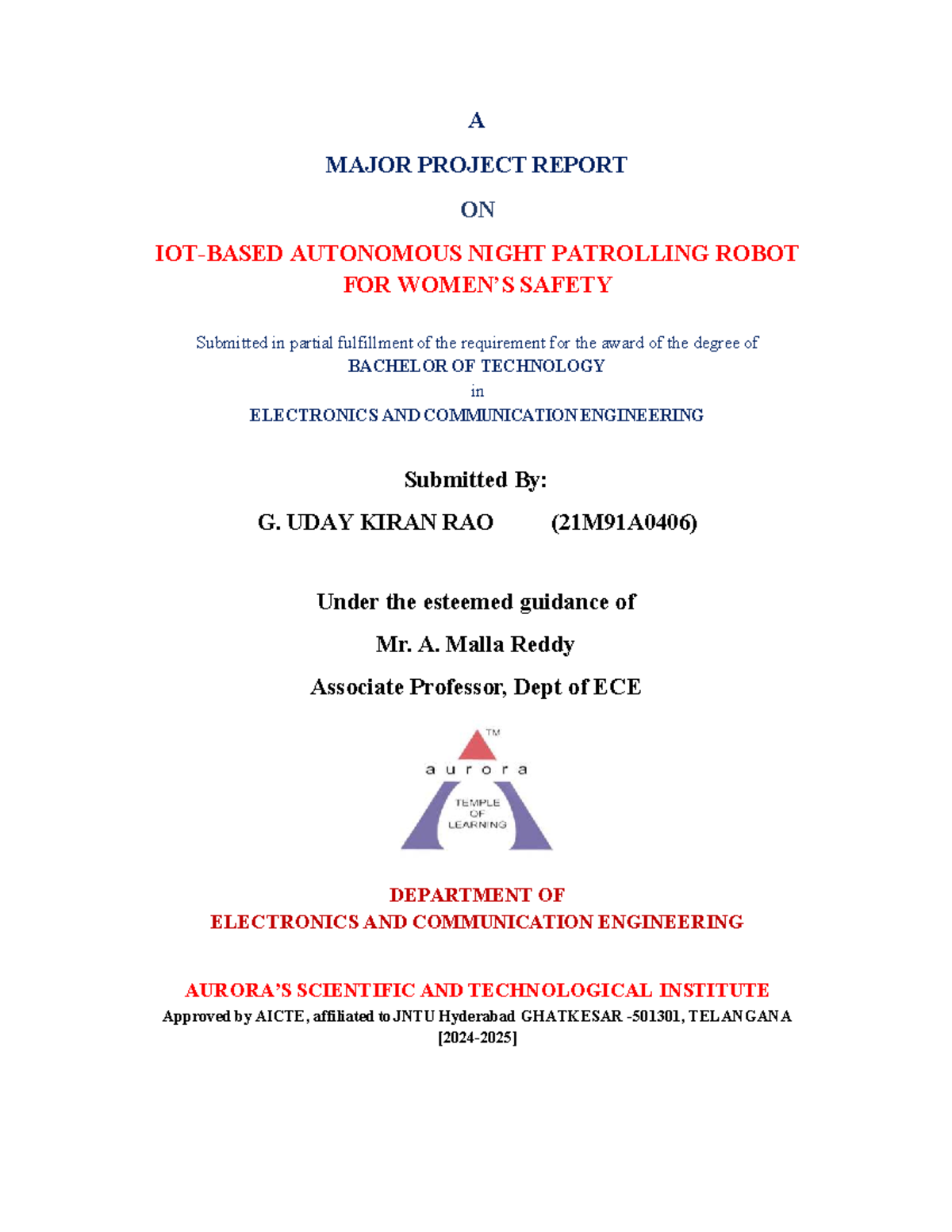 Major Project Report: Autonomous Night Patrolling Robot for Safety (B.Tech ECE) - Studocu