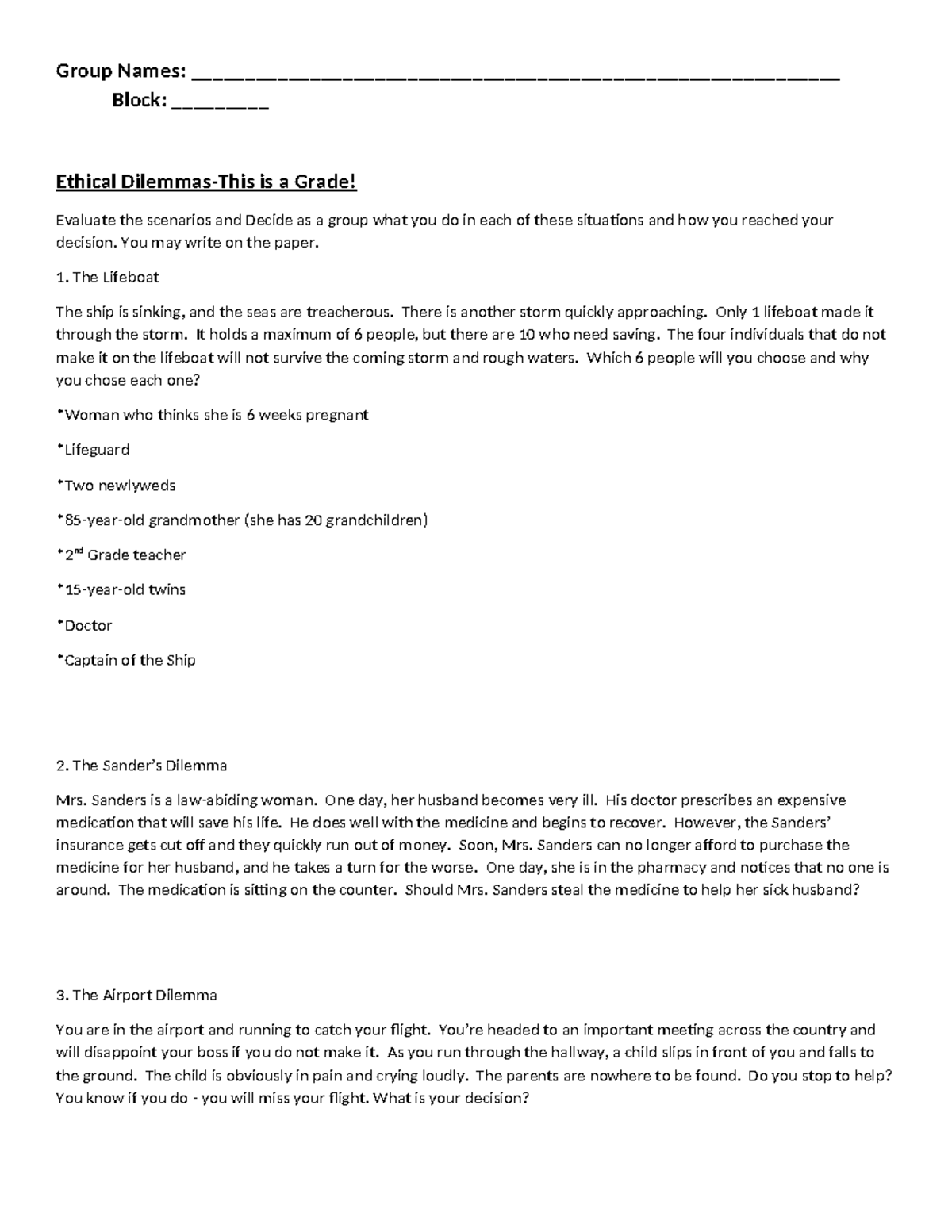 Ethical Dilemmas: Group Decision-Making Scenarios for Evaluation - Studocu