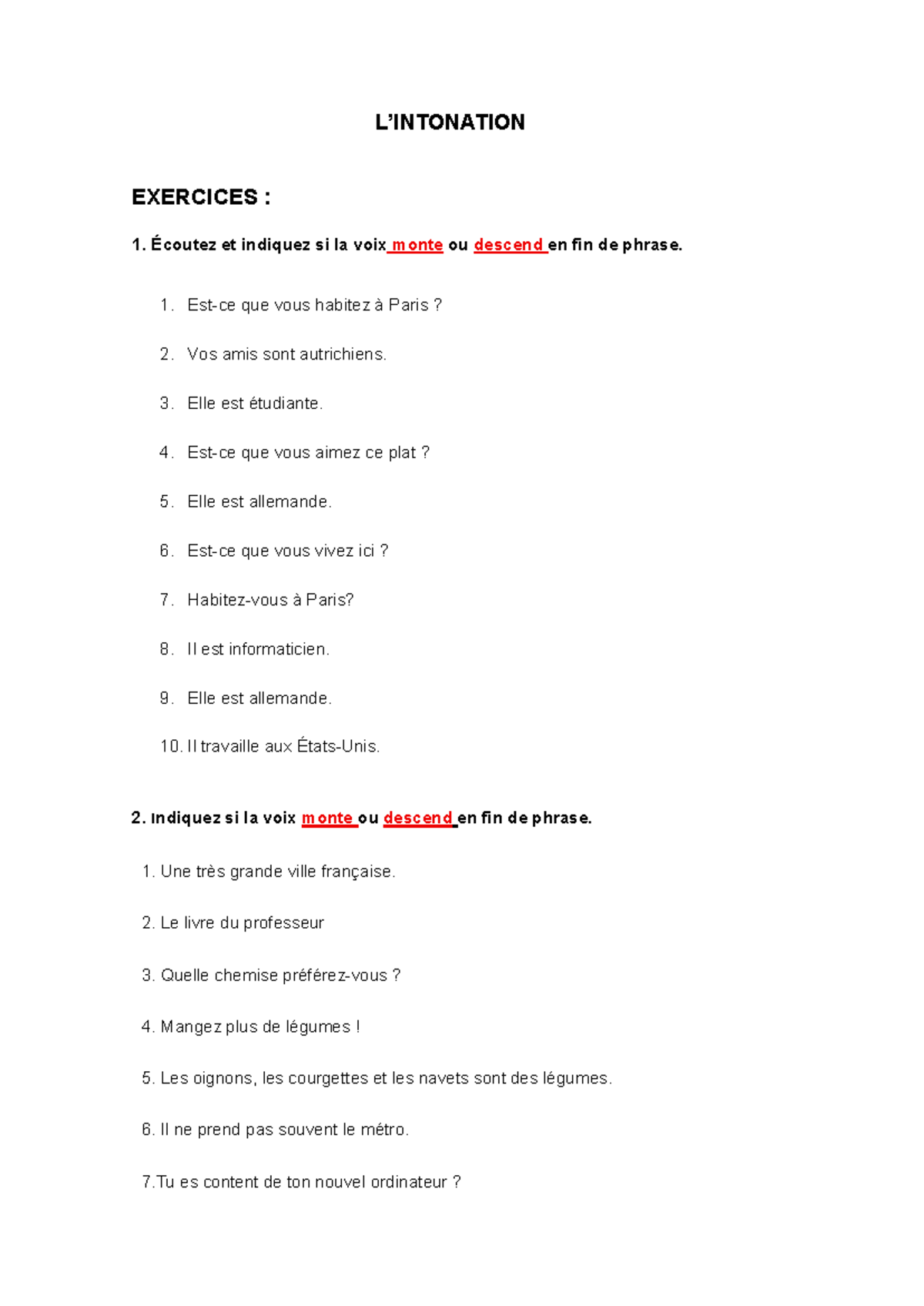 L'Intonation : Exercices sur la Montée et Descente de Voix - Studocu